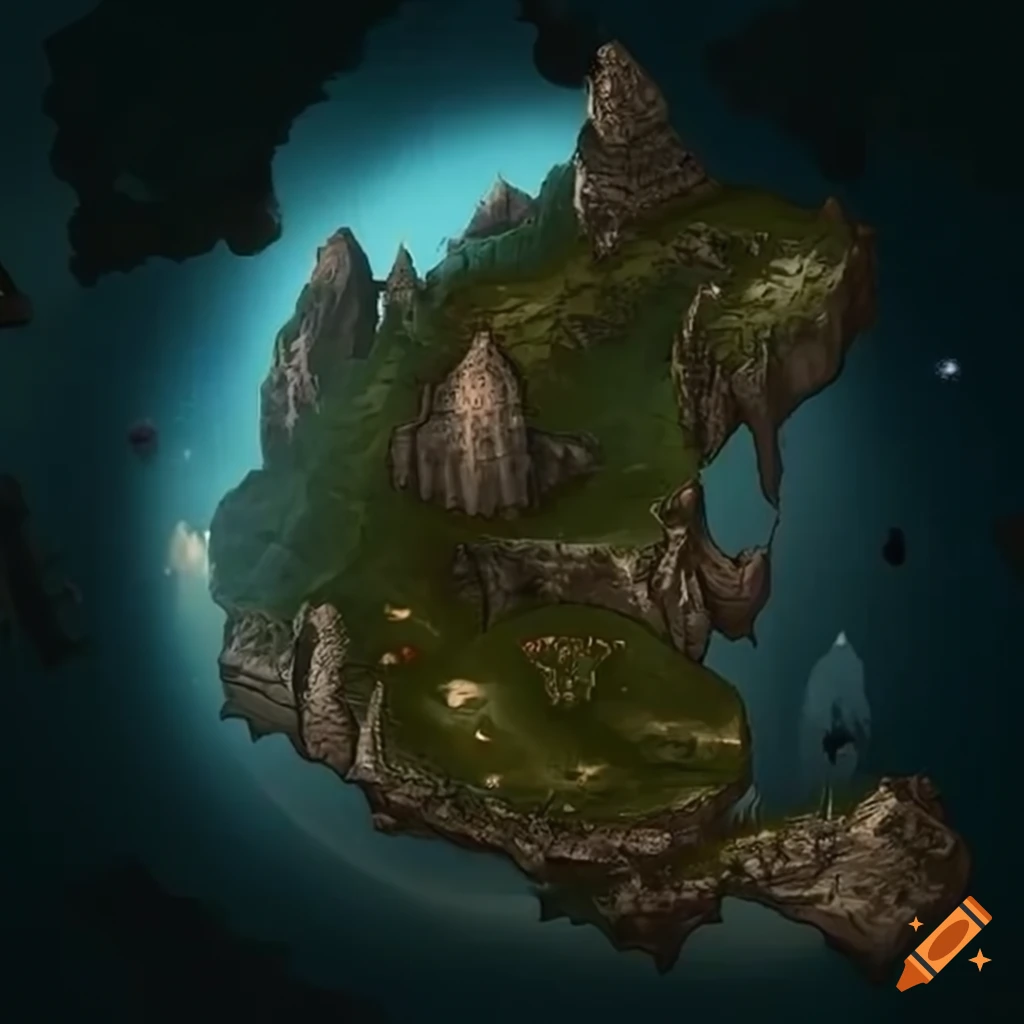 Fantasy world map with floating land mass, waterfall, ancient city of ...