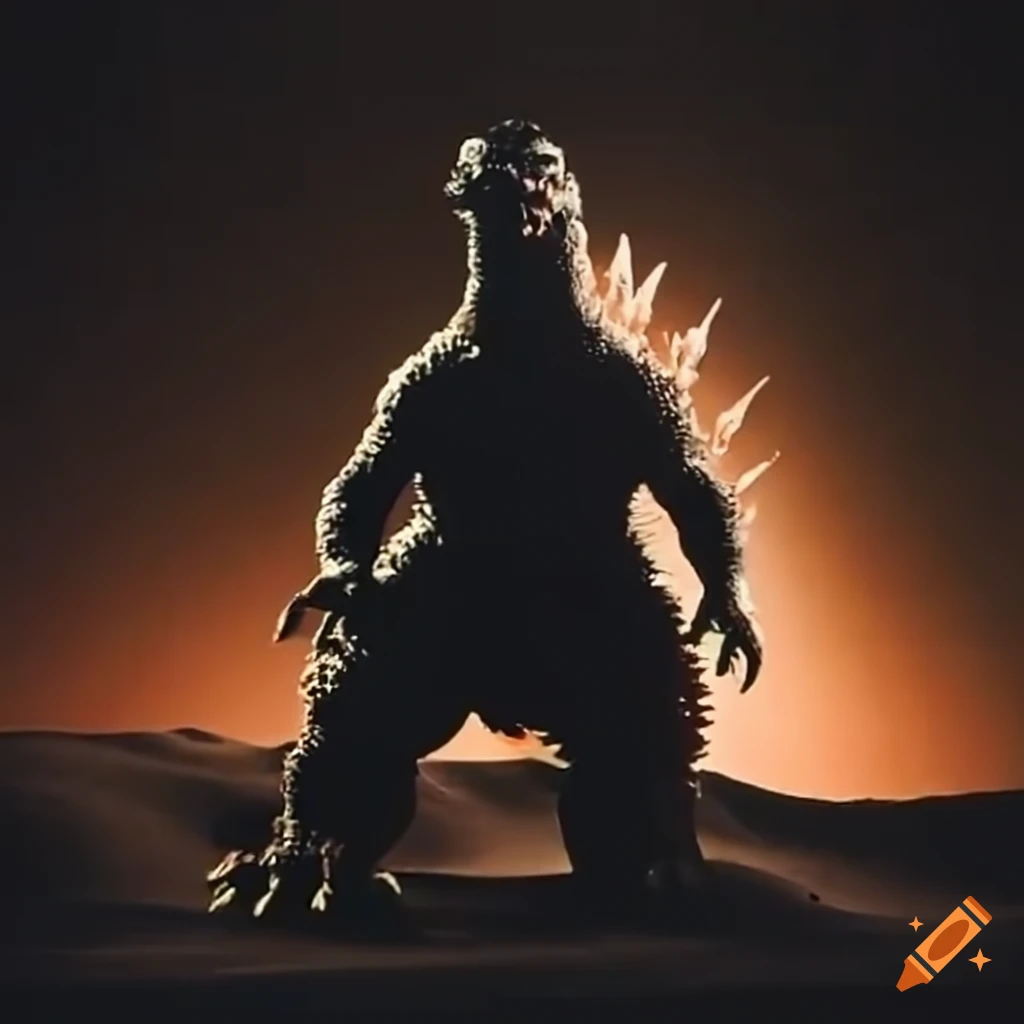 Godzilla waking up in a desert with sand falling off in a Tokusatsu ...