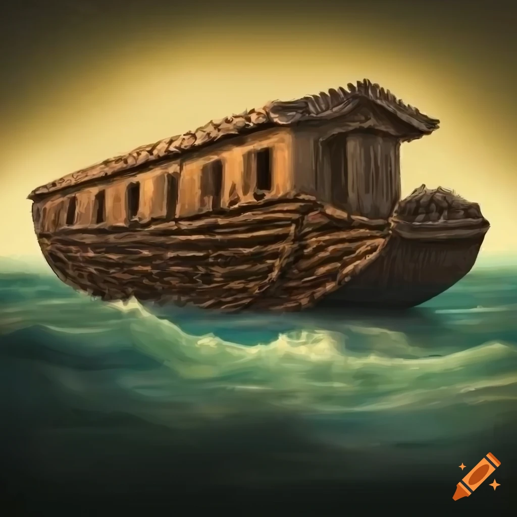 Prehistoric ark made of bark and vines in stormy sea with thunder on ...
