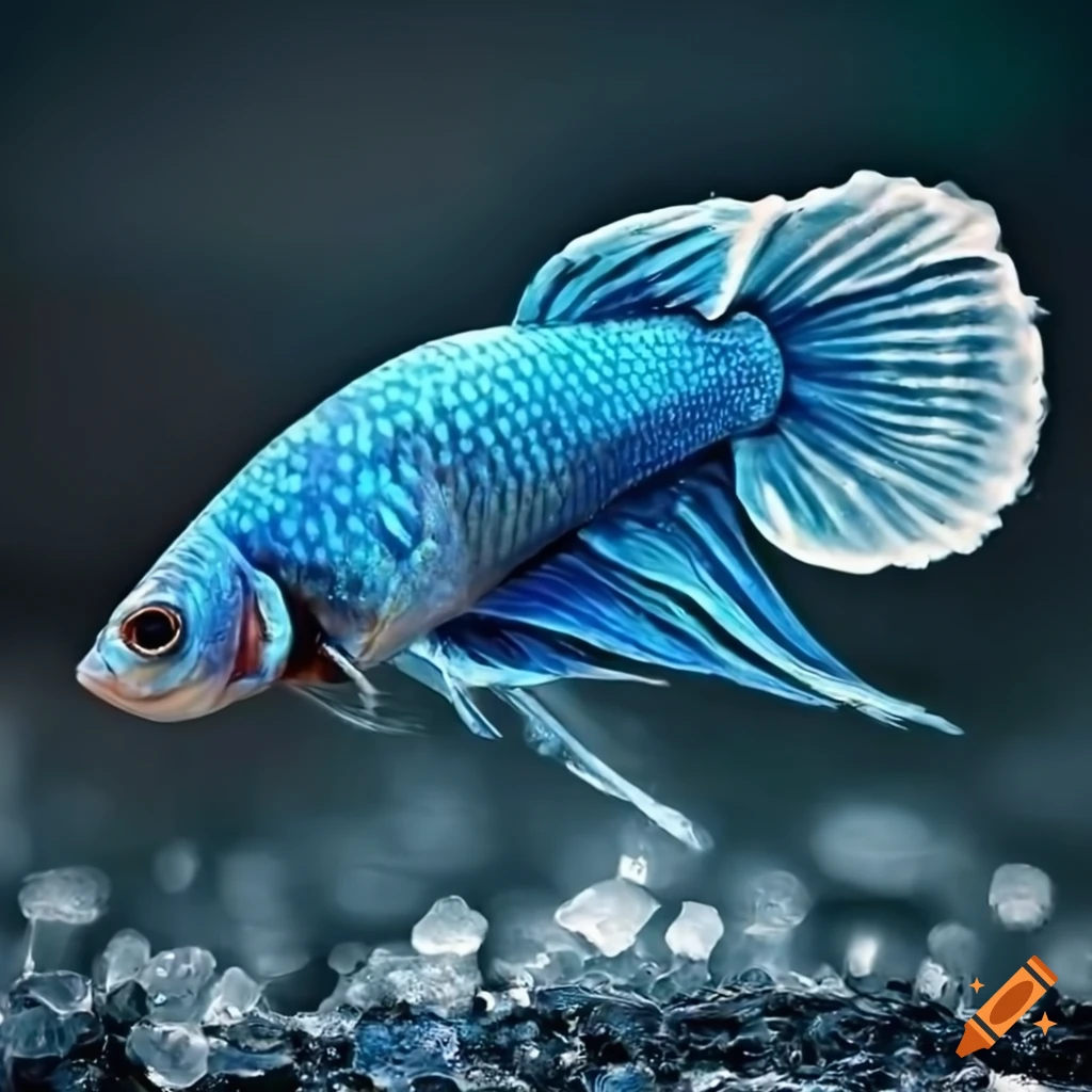 Vibrant blue fighting fish with beautiful tail in clear ice on Craiyon