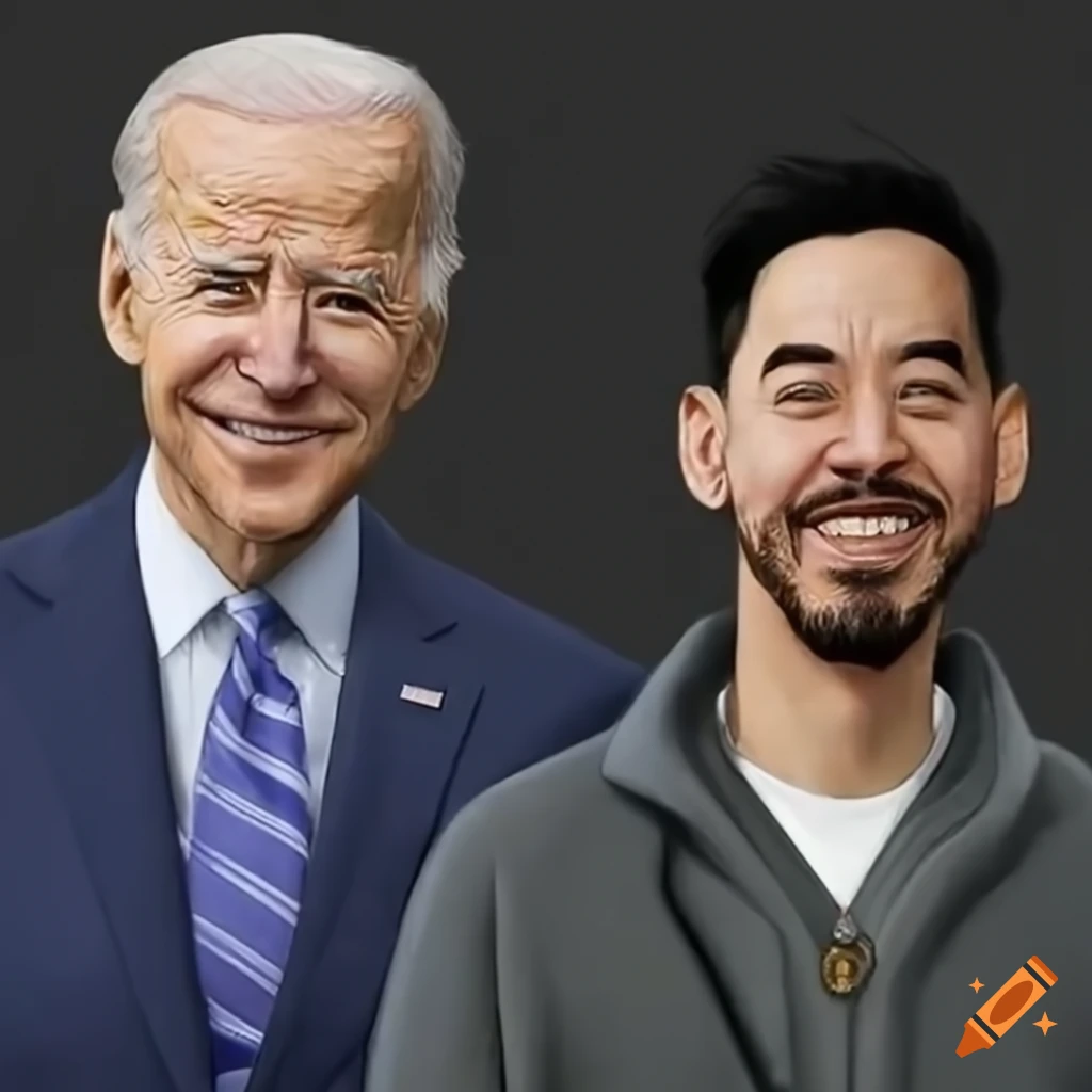 Realistic depiction of Joe Biden and Mike Shinoda in a rainy parking lot on Craiyon