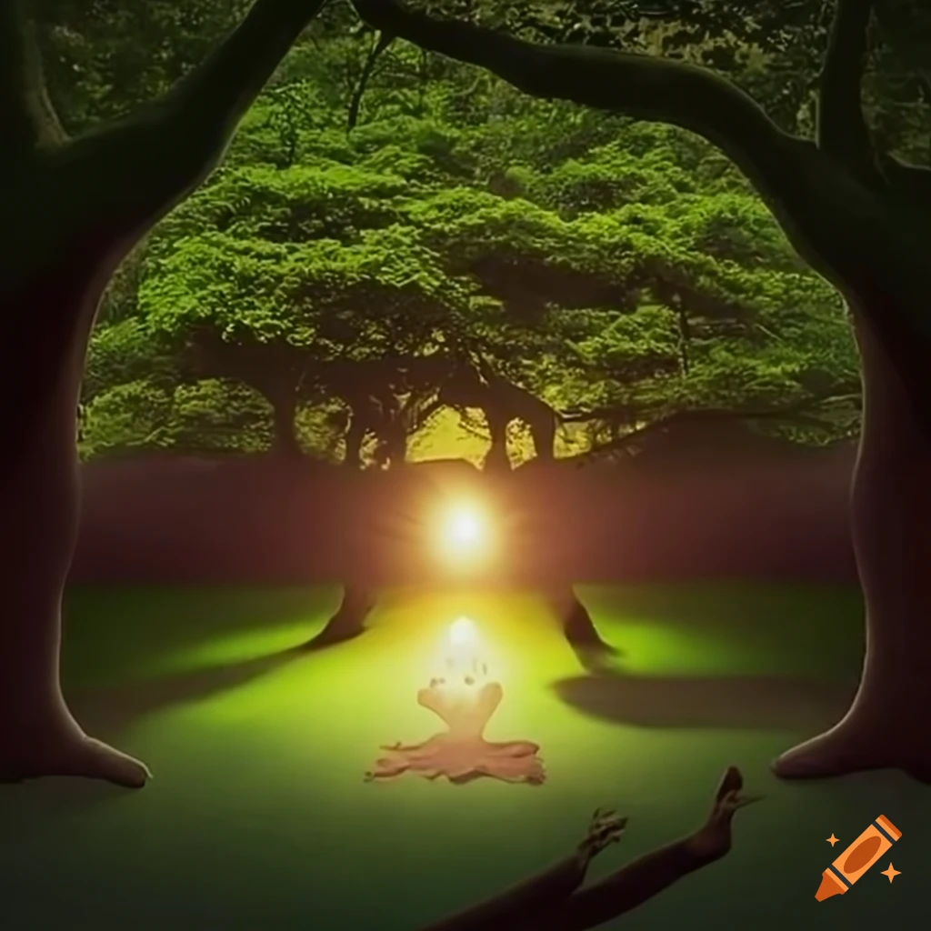 Serene yogi meditating under a leafy tree in a peaceful setting on Craiyon