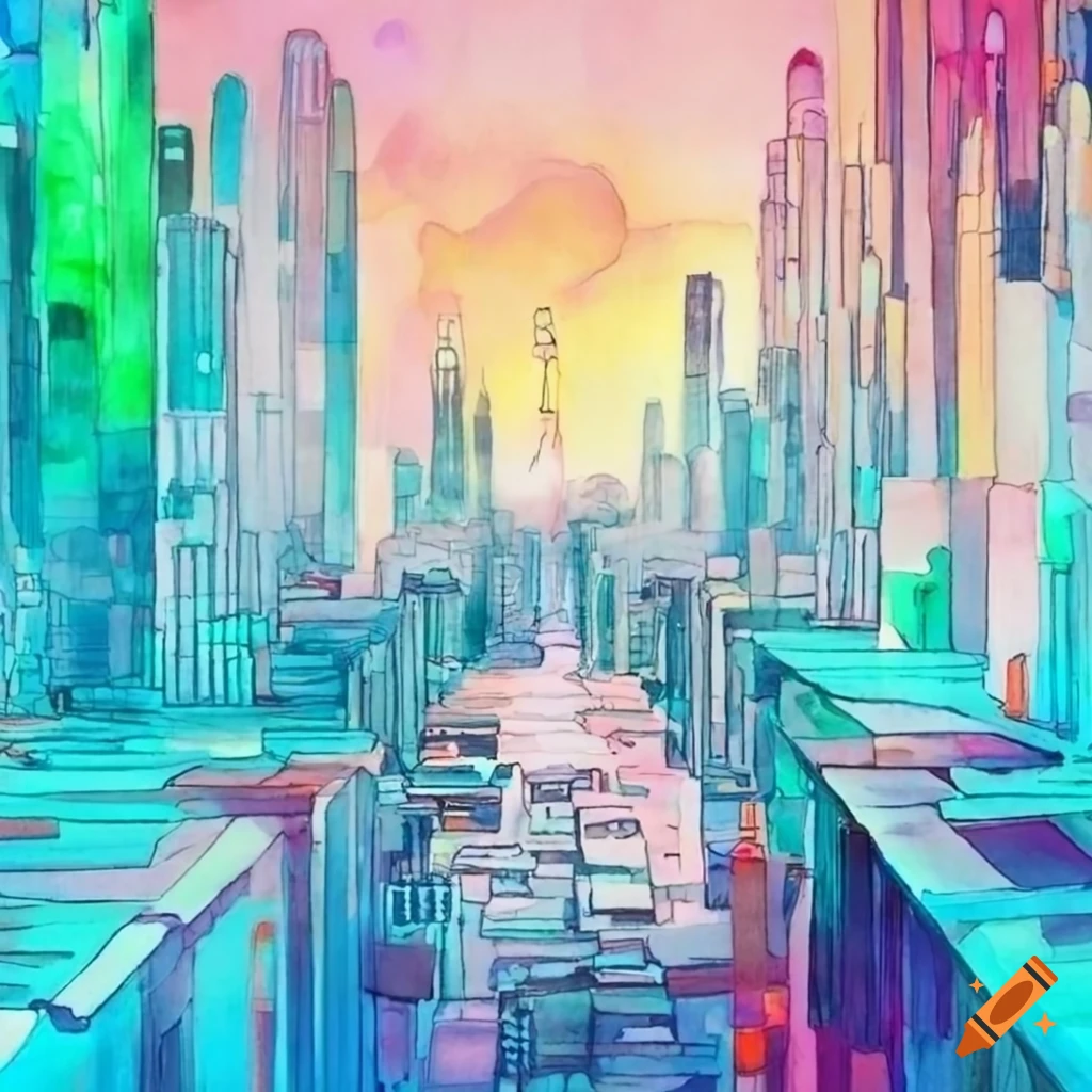Watercolor cybernetic metropolis inspired by yoshitaka amano on Craiyon