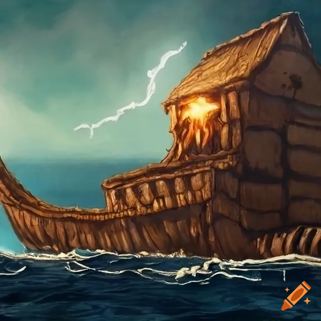 Prehistoric ark on open sea with lightning on Craiyon
