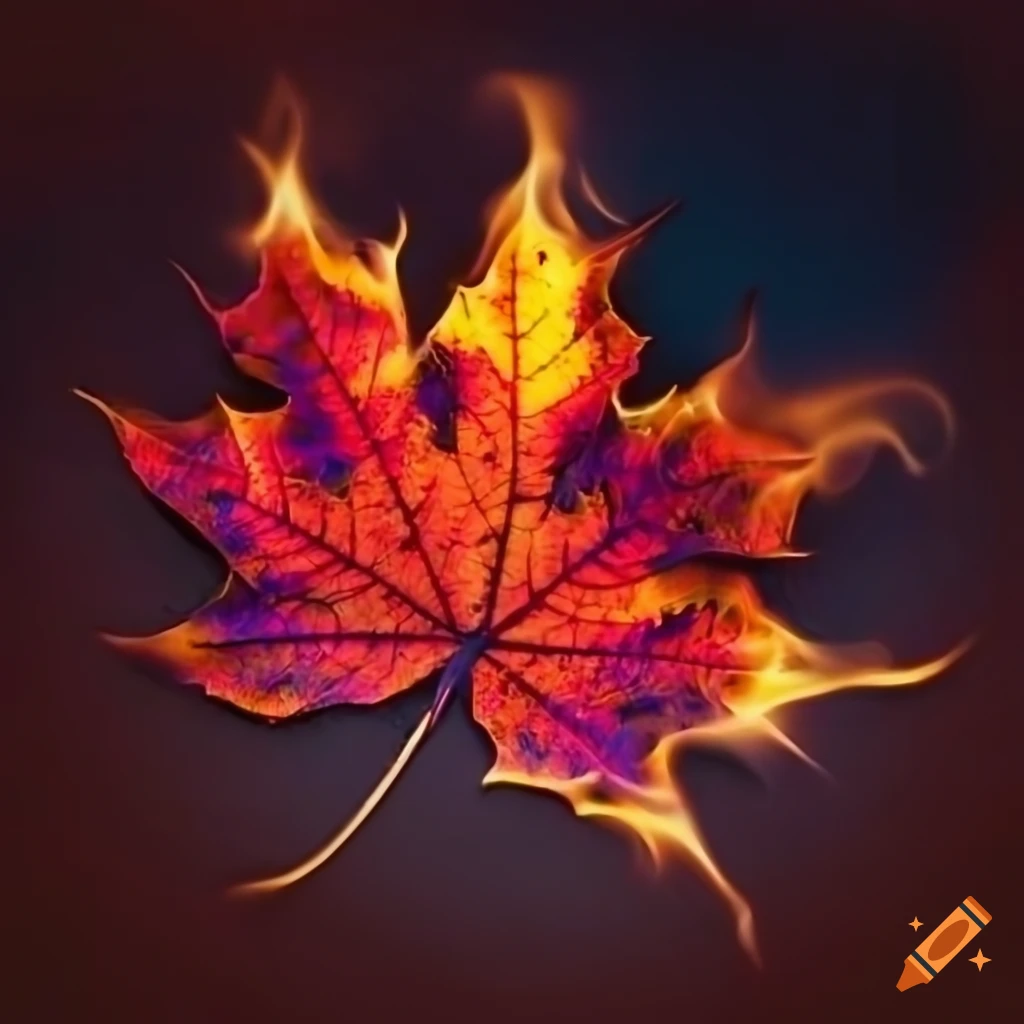 Vibrant burning maple leaf in abstract flame ensemble on Craiyon