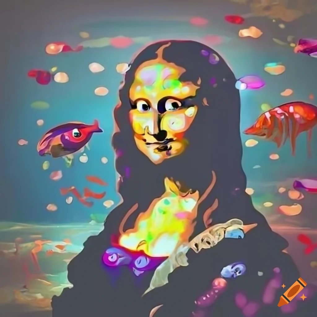 Smiling Mona Lisa with aquarium and fish in the sky on Craiyon