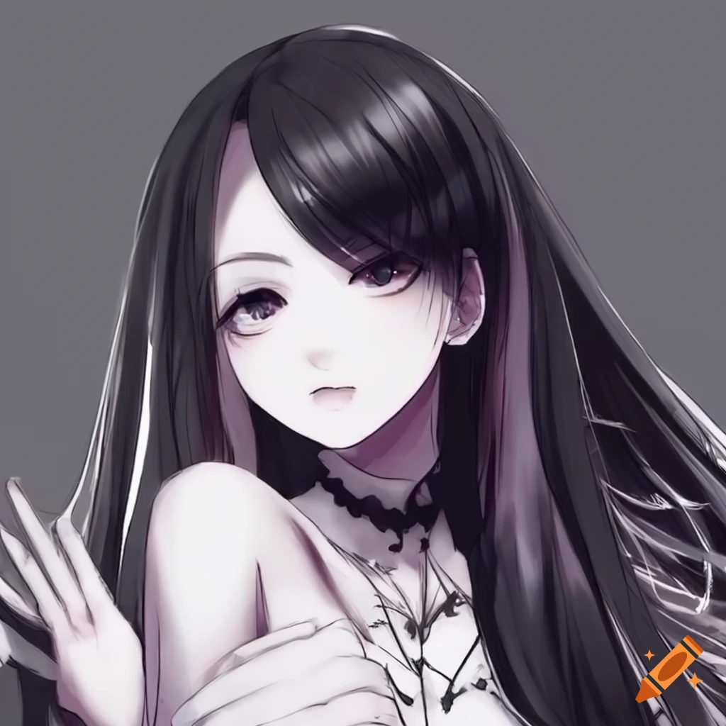 Beautiful anime girl with long dark hair in black and white hatching ...