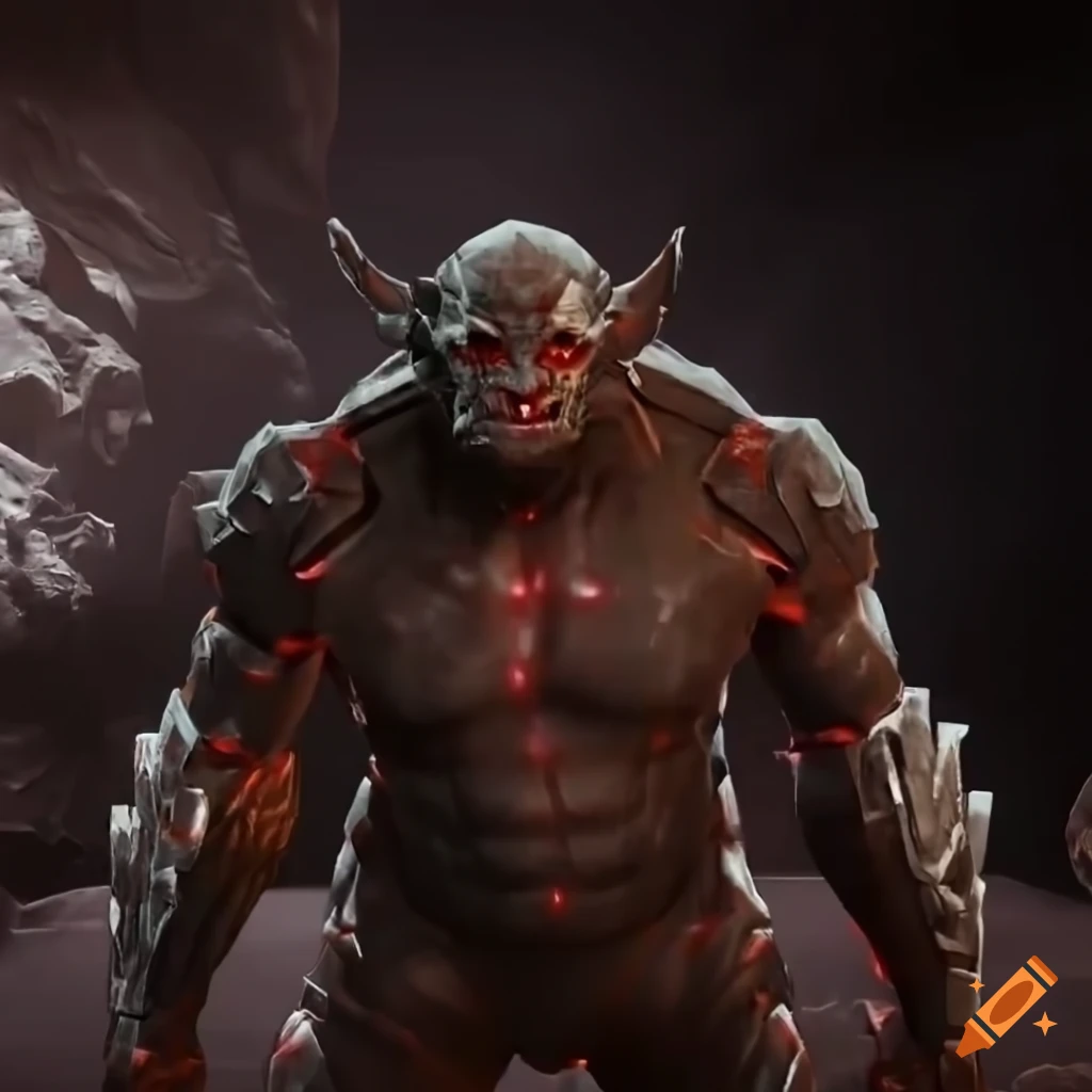 Sci-fi cybernetic muscle golem elf ogre man in black-rocky armor with ...