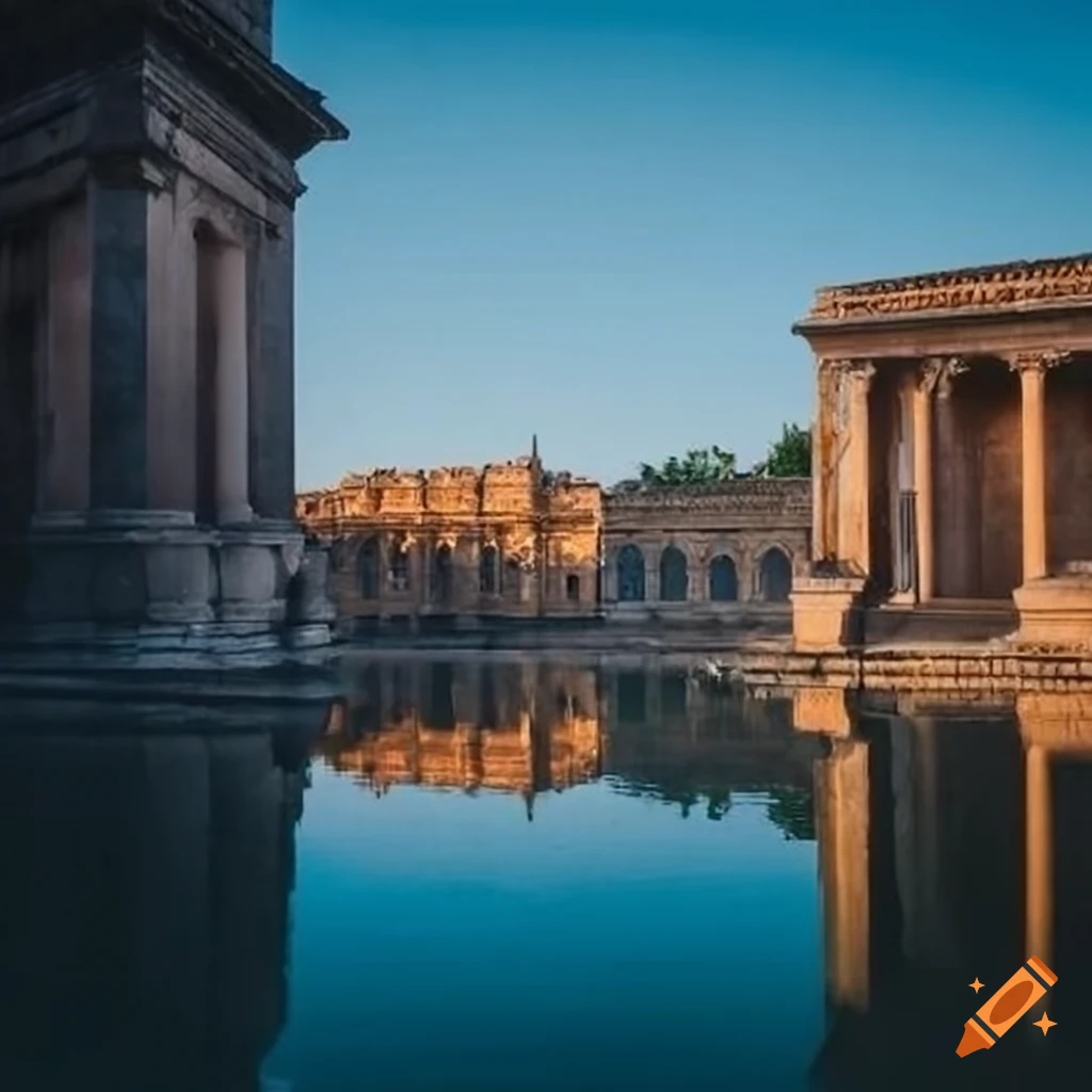 Huge roman pool with platforms near a building with columns in misty ...