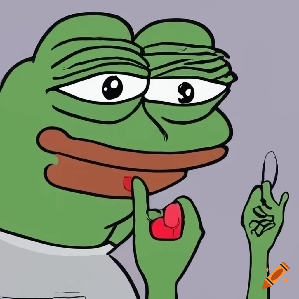 Comical illustration of a smug pepe the frog face on Craiyon