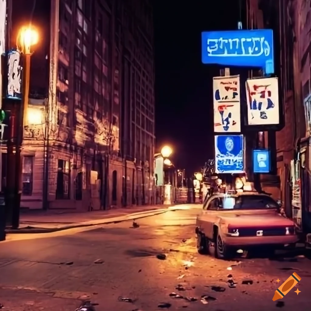 Dystopian street with led signs and propaganda posters, littered with ...