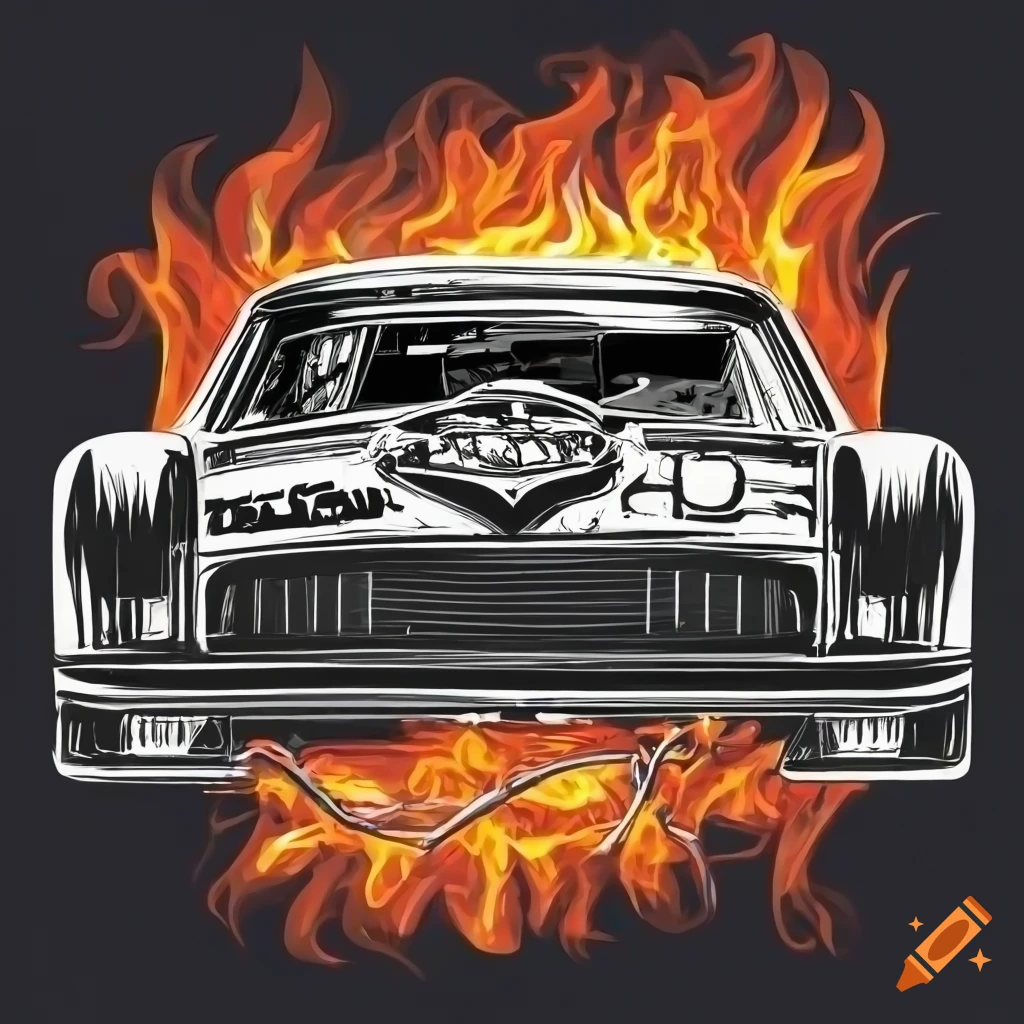 Vintage Nascar race car with wheels on fire in 1970s comic book style ...