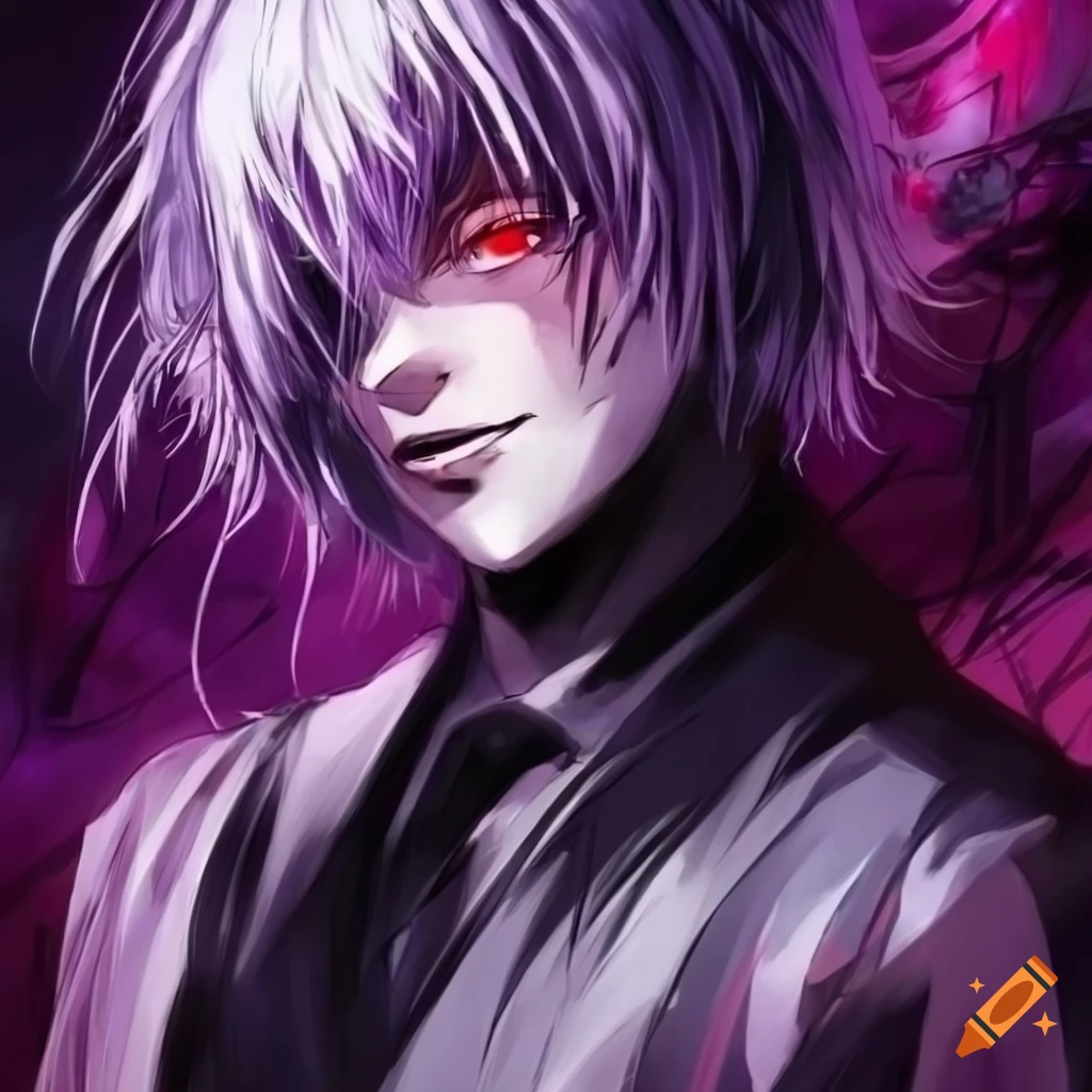 Fan art of Tokyo Ghoul original character with dark purple hair on Craiyon