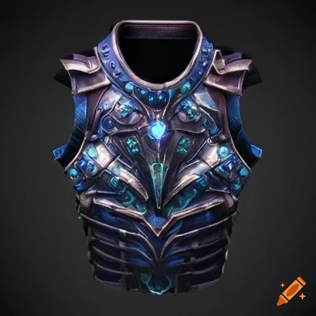 Front view of intricately adorned magic massive body armor on Craiyon