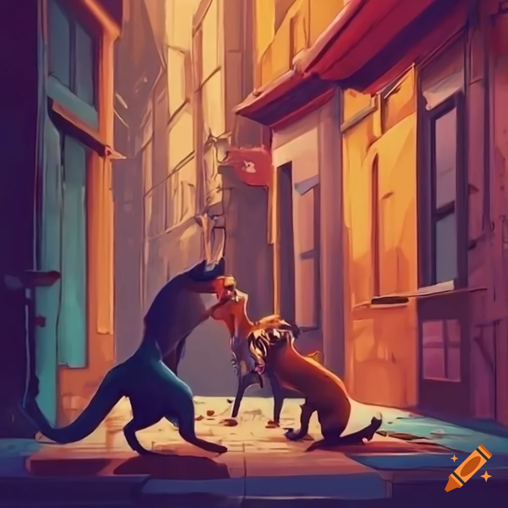 Stray cats fighting in a gritty alley with a stylized look on Craiyon