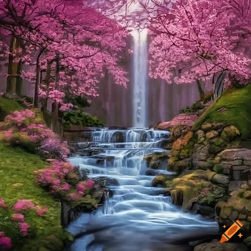Elven city with white houses and pink sakura trees near a waterfall in ...