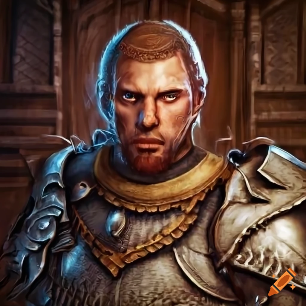 Close-up portrait of a strong warrior in heavy armor in a chamber on ...