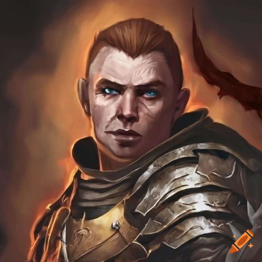 Strong human warrior in heavy armor standing in front of a fire on Craiyon