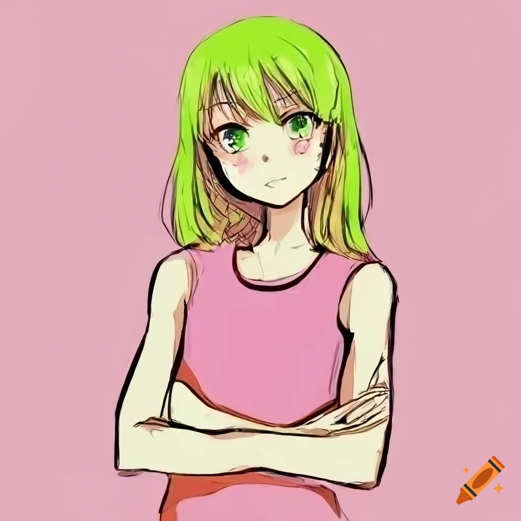 Anime Girl With Blonde Hair And Green Eyes In A Pink Sleeveless T Shirt