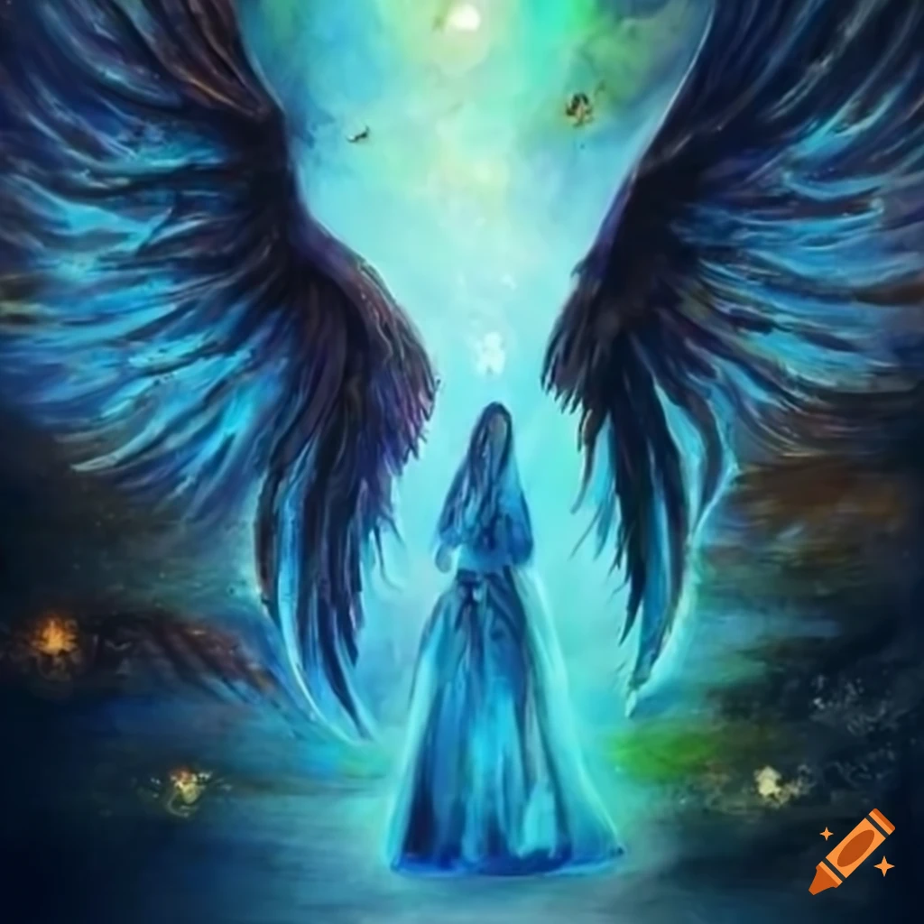 Magical winged spirit and wizard in a mystical painting on Craiyon