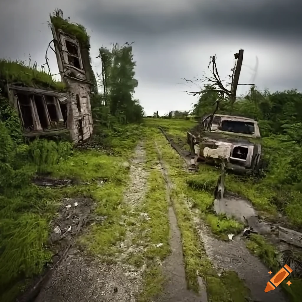 Ruined grassed road with abandoned vehicles and buildings in a post ...