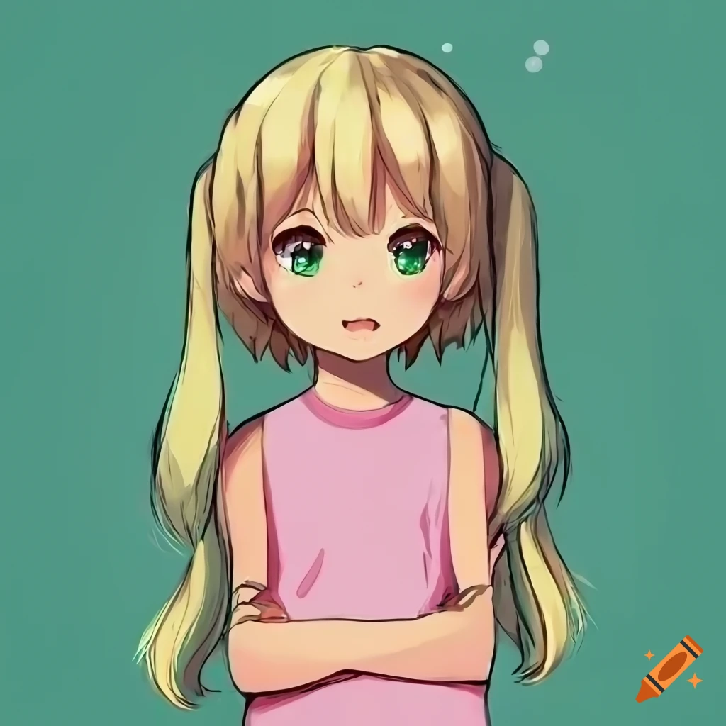 Anime Girl With Blonde Hair And Green Eyes In A Pink Sleeveless T Shirt With Arms Crossed On Craiyon