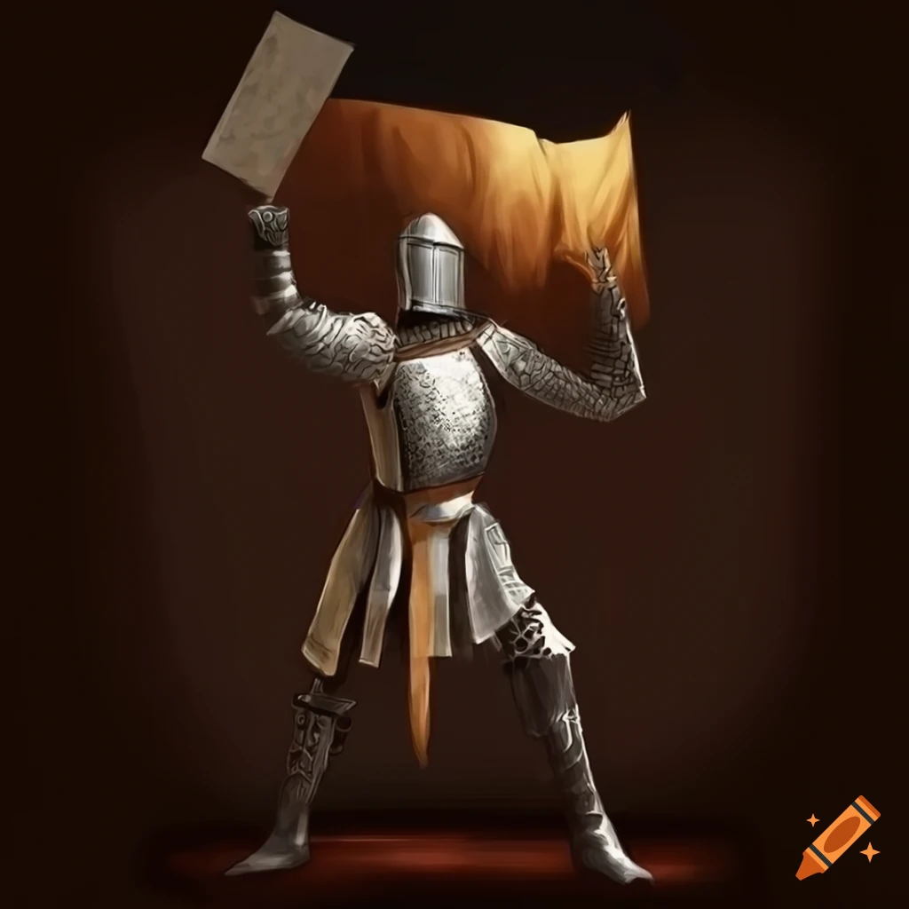 Medieval knight holding a piece of paper in the air on Craiyon