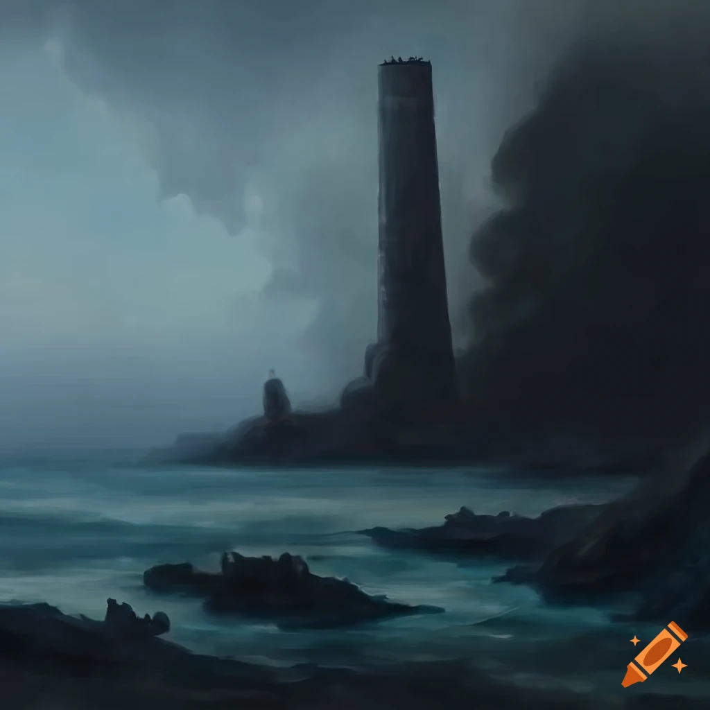 Dark painting of a foreboding tower on a remote island in the sea ...