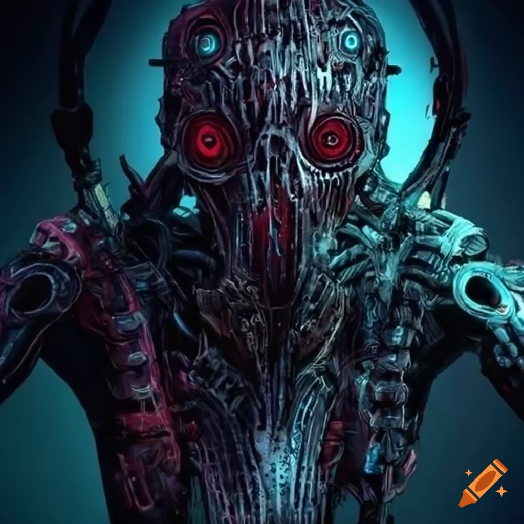 Imposing nightmare cyberpunk machine with arm wires and insectoid ...