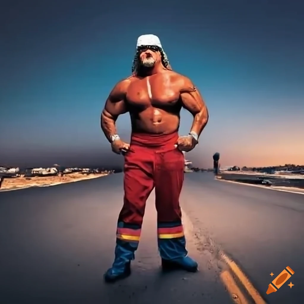 Famous wrestler Hulk Hogan doing construction work on an asphalt road ...