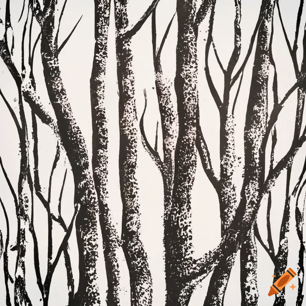 Stippled screen print art of a textured grunge tree branch on Craiyon