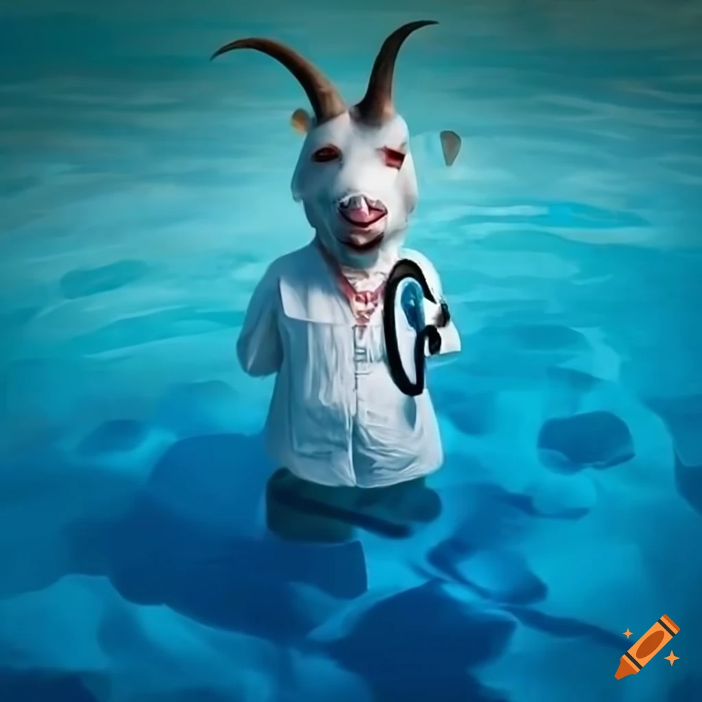 Anthropomorphic goat doctor near a pool on Craiyon