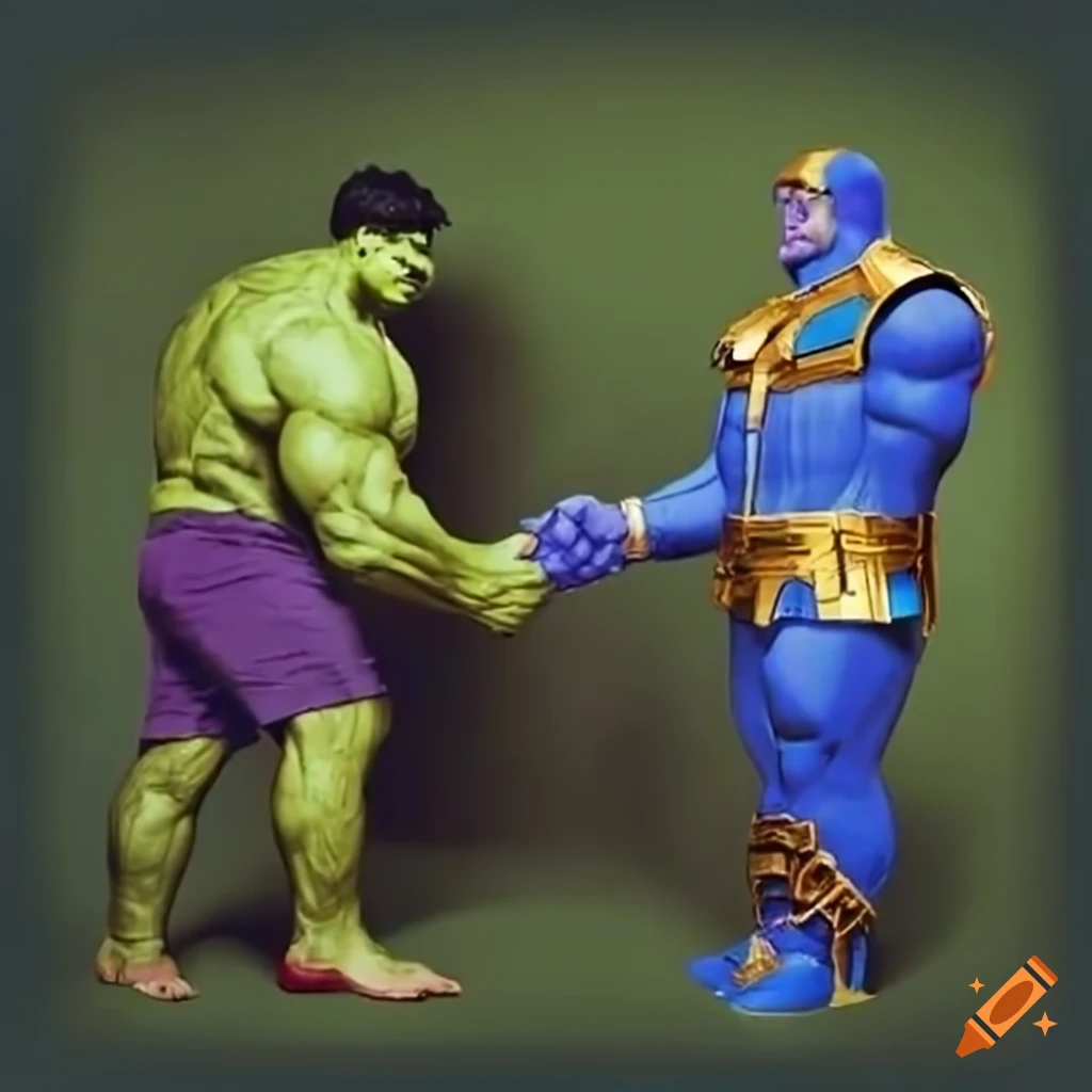 Hulk and Thanos shaking hands in a funny and friendly setting on Craiyon