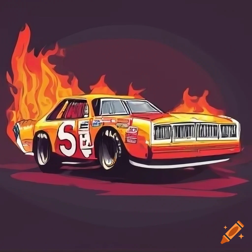 Vintage Nascar race car on fire in 1970s comic book style on Craiyon