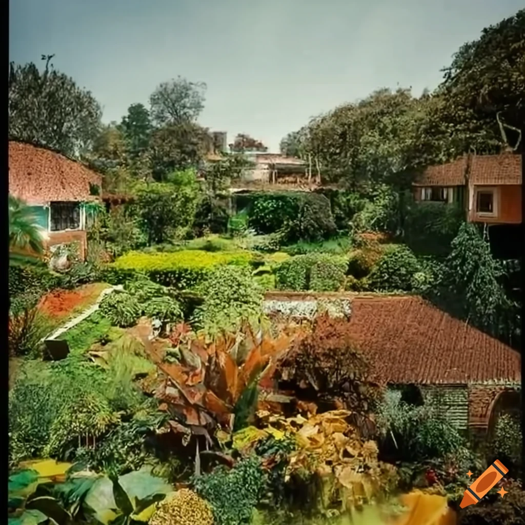 Perspective collage of cultivated garden between two buildings in peru ...