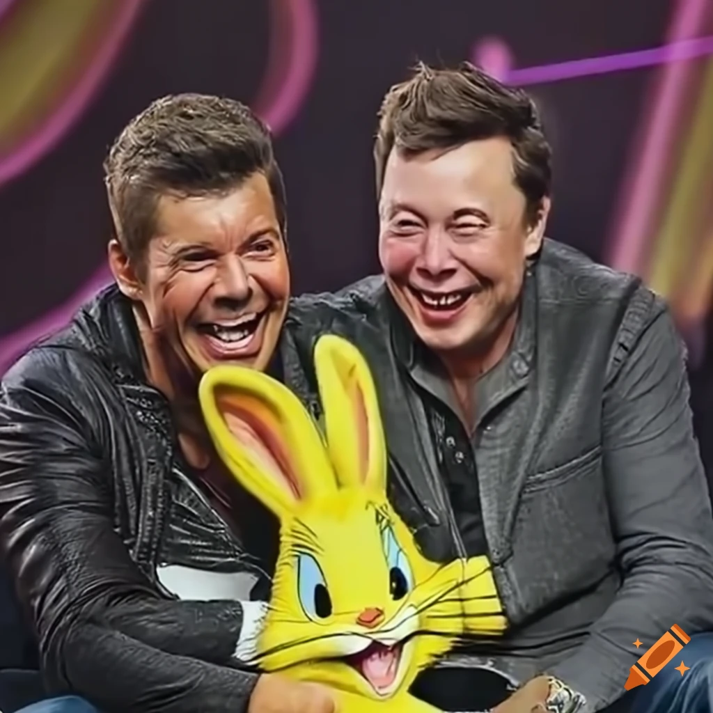 Marcelo Tinelli and Elon Musk laughing with yellow Bugs Bunny on Craiyon