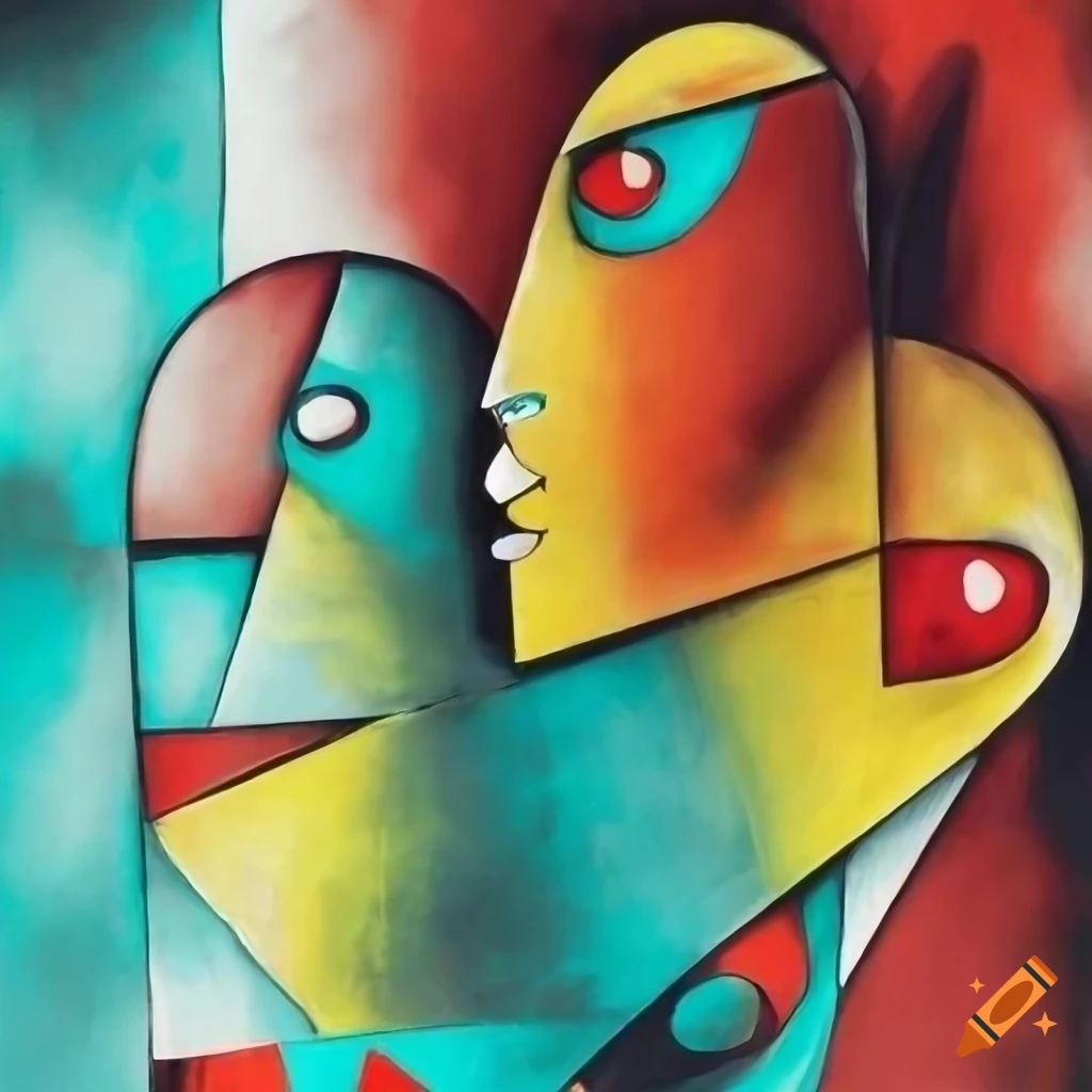 Surrealistic cubist black and white doodles with red, yellow, turquoise ...