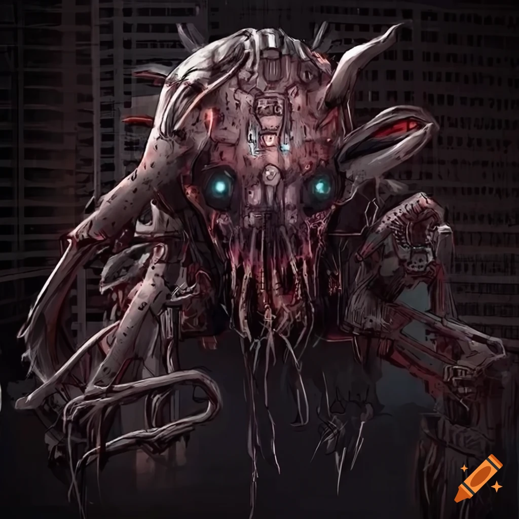 Imposing nightmare cyberpunk machine with arm wires and insectoid ...