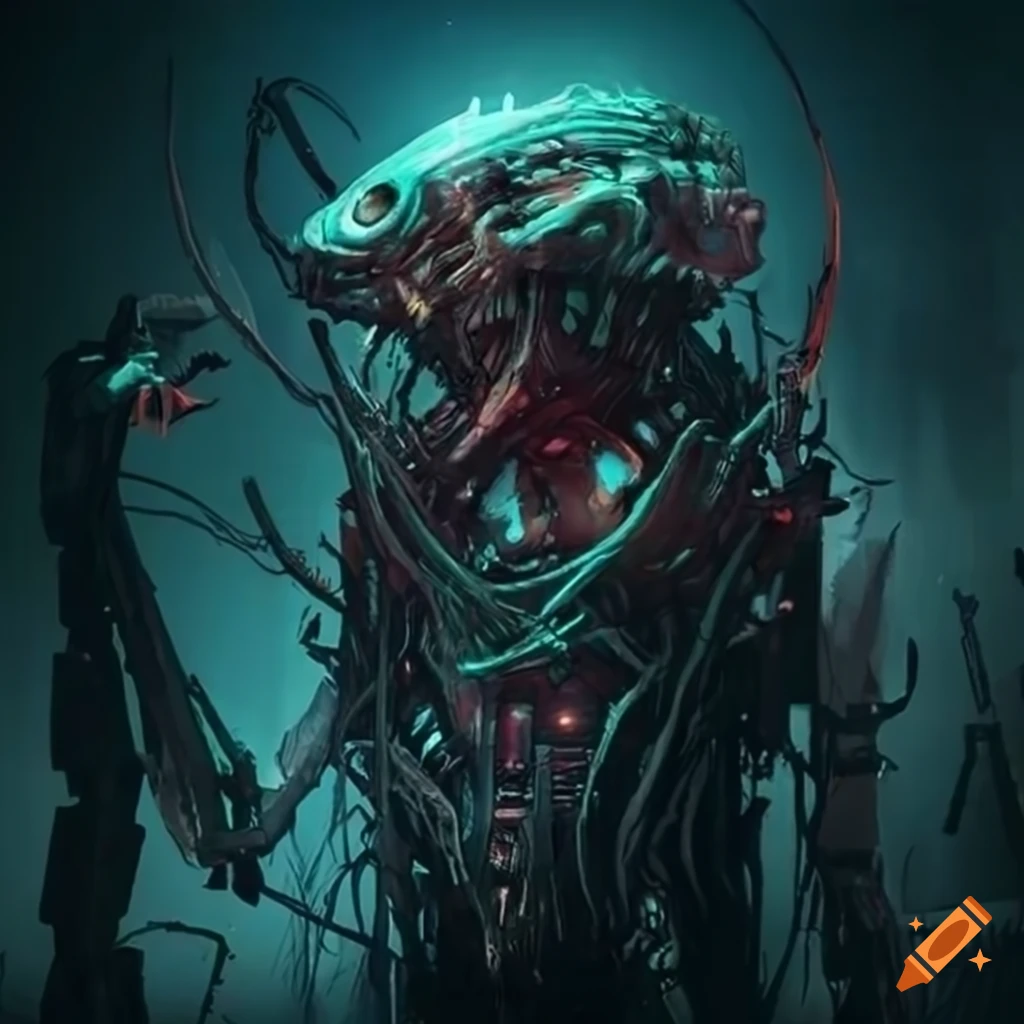Imposing nightmare cyberpunk machine with arm wires and insectoid ...