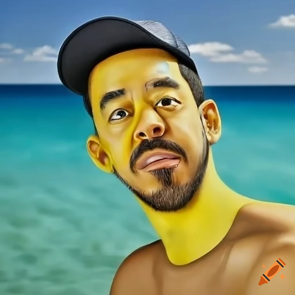 Realistic homer simpson and mike shinoda on a beach on Craiyon