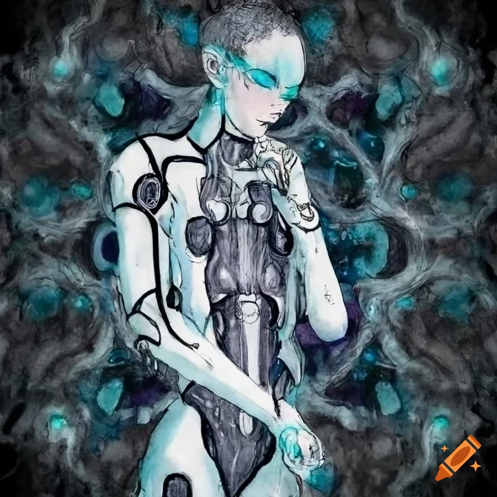 Pensive young male twin cyborgs in high-tech bodysuits inspired by yoshitaka amano's art on Craiyon
