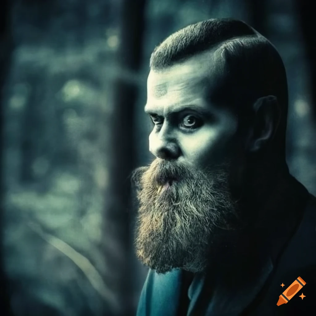 Face of an evil bearded man in his fifties within a moonlit forest ...