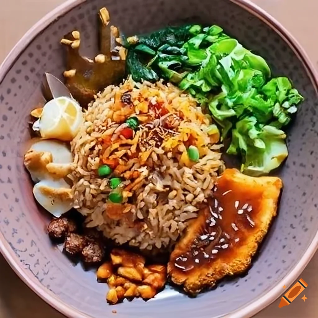 Modern Javanese brown inspired fried rice with pok coy, garlic crackers ...