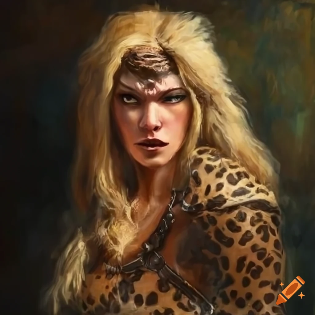 Highly textured oil painting of a wild female barbarian in nature camp ...