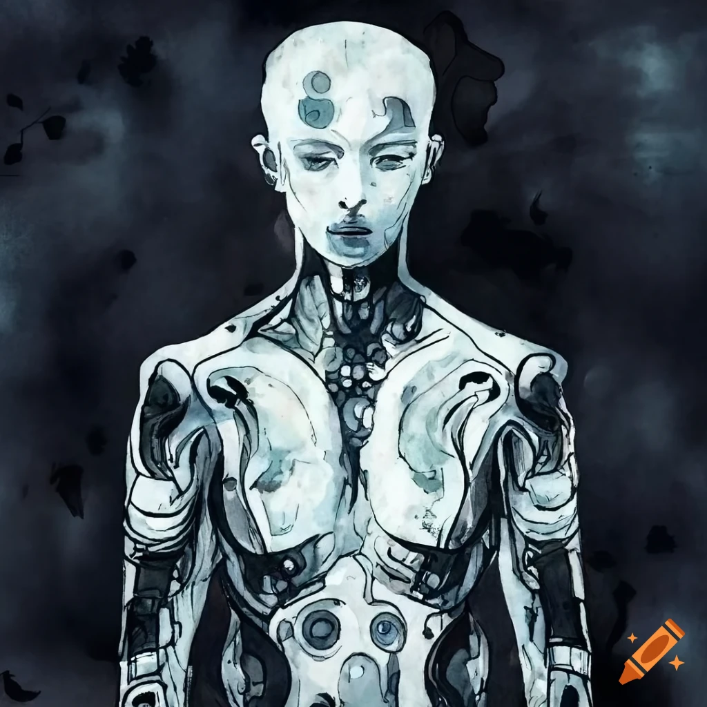 Young man cyborg in a white high-tech bodysuit with light cyan hair on ...