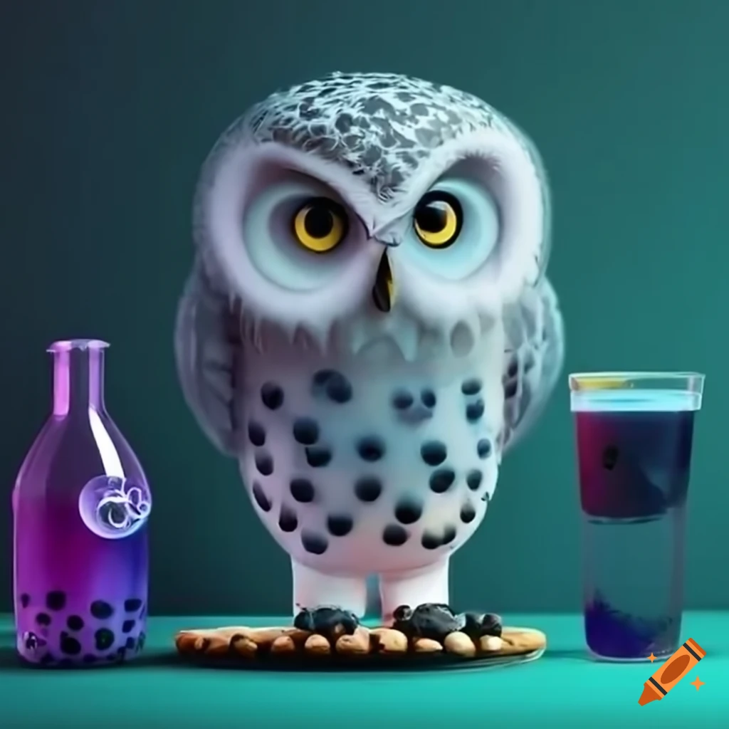 Owl sipping bubble tea in a science-themed setup on Craiyon