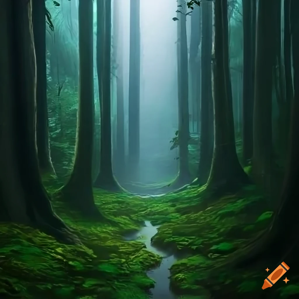 Realistic dense forest scene during medium rainfall with winding road on Craiyon