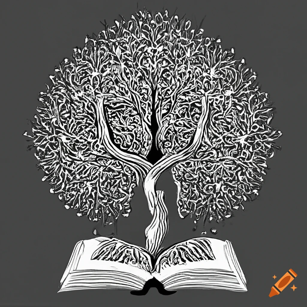 Intricate cross tree growing from an open Bible on Craiyon