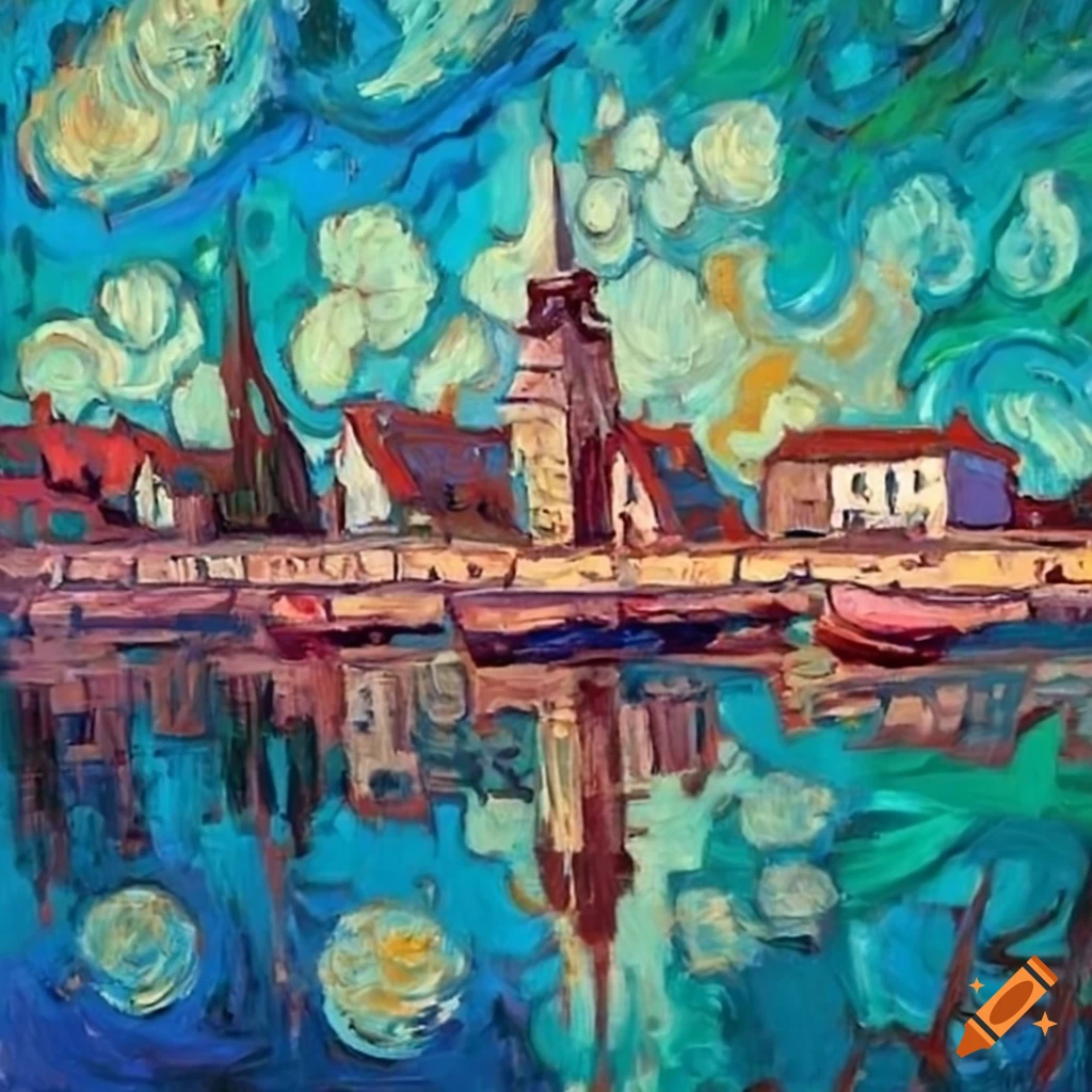 Painted abstract town by the sea in van gogh style with yachts at the ...