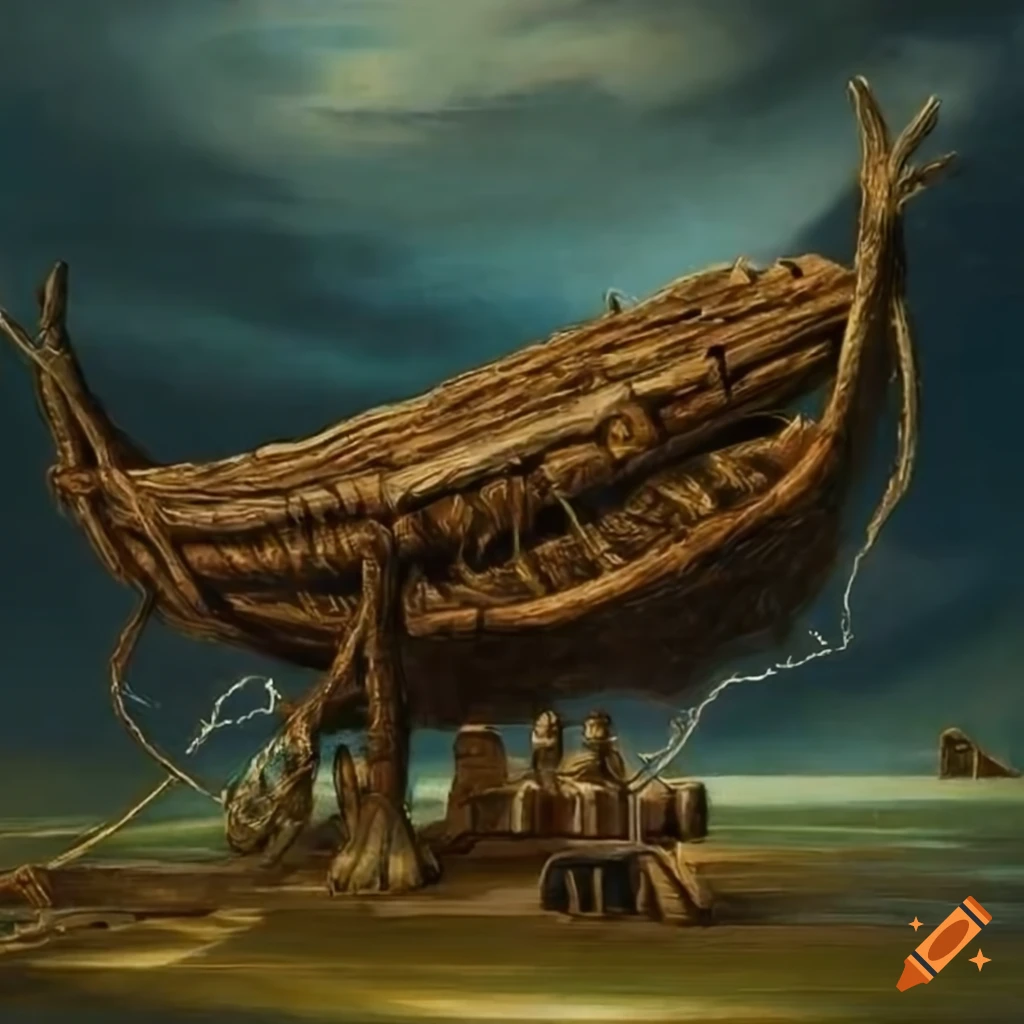 Intricately detailed painting of an ancient log and thatch raft amidst ...